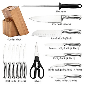 GOOD HELPER 15 Piece Kitchen Knife Sets with Wooden Block High Carbon Stainless Steel Knife Set Sharp Chef Knife Set Shears Steak Knives Utensils Dishwasher Safe Utility Knife