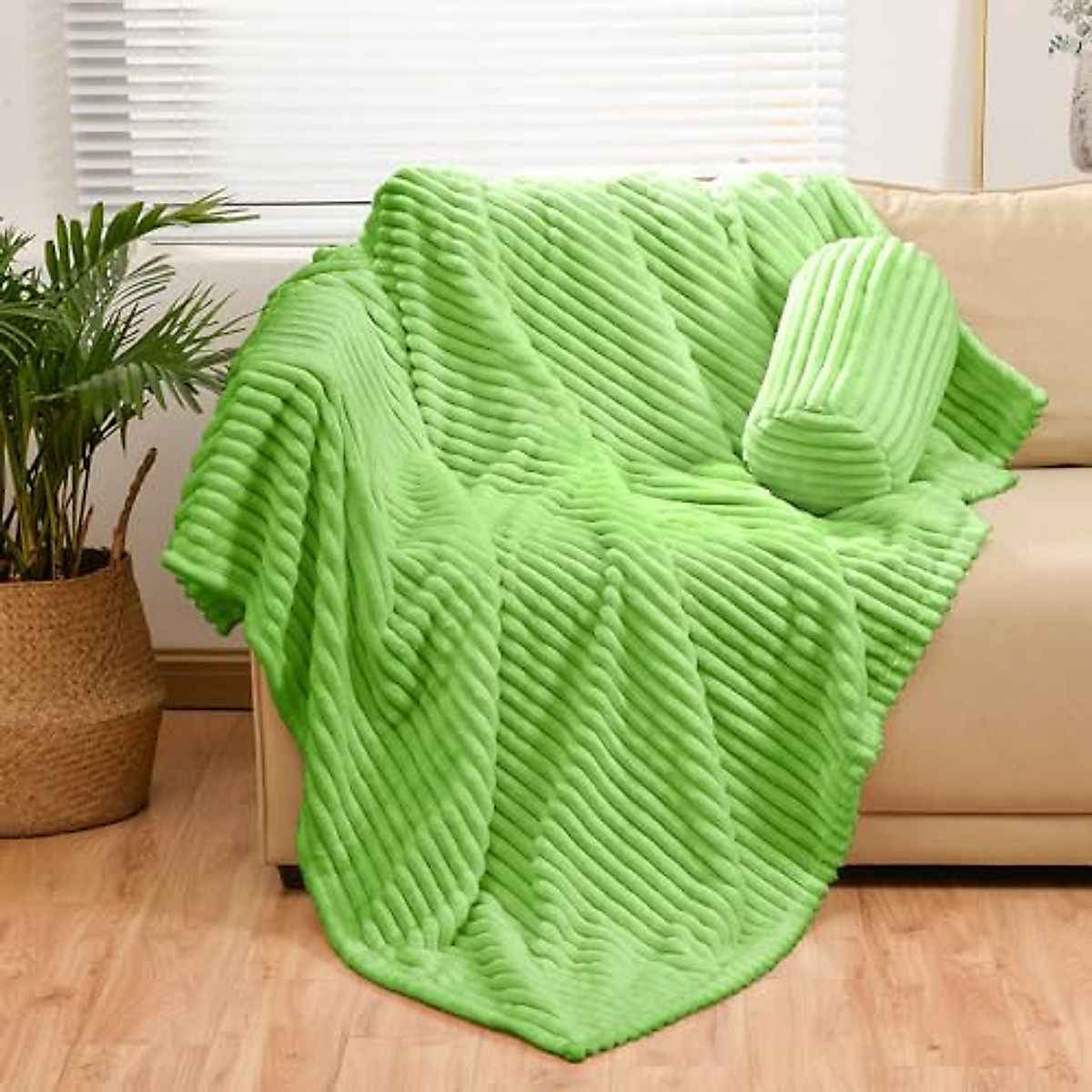 Bnuitland Light Green Flannel Throw with Storage Pouch,300GSM Super Soft Fleece Stripe Pattern Sofa Blanket for Babys and Kids, Lightweight Cozy Bed Throw for Home Decor All Season