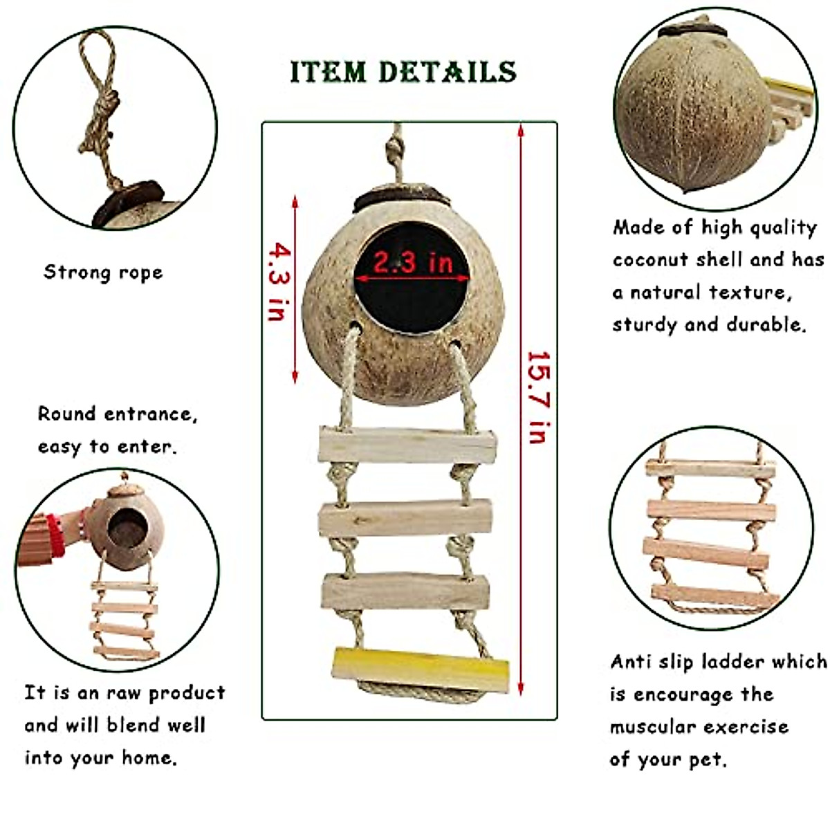 kathson Lizard Coco Den with Ladder, Reptile Hideouts Gecko Coconut Husk Hut with Artificial Bendable Jungle Climbing Vines for Chameleon, Lizards, Gecko, Snakes to Hide Perch and Play