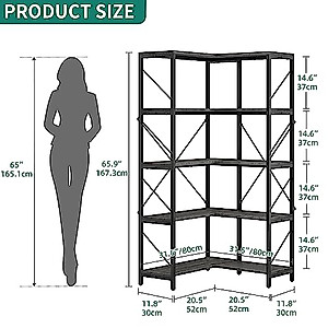YITAHOME Corner Bookshelf, Industrial Corner Shelf 5 Tier Bookcase, Large Display Rack Storage for Bedroom, Living Room, Home Office,Charcoal Gray + Black
