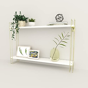J JACKCUBE DESIGN White and Gold Floating Shelf, 2 Tier Wall Mount Shelves for Modern Wall Décor, Display and Storage for Living Room Bedroom, Bathroom, Kitchen -MK534A