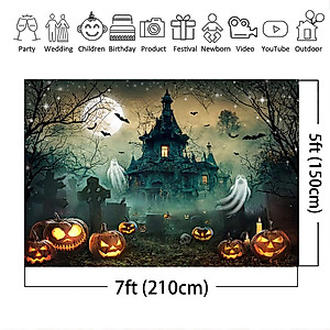 Mocsicka Halloween Photo Backdrop Full Night Moon Halloween Banner Scary Castle Graveyard Pumpkin Lantern Background for Kids Adult Family Party Decorations Halloween Backdrop for Photography(7x5ft)