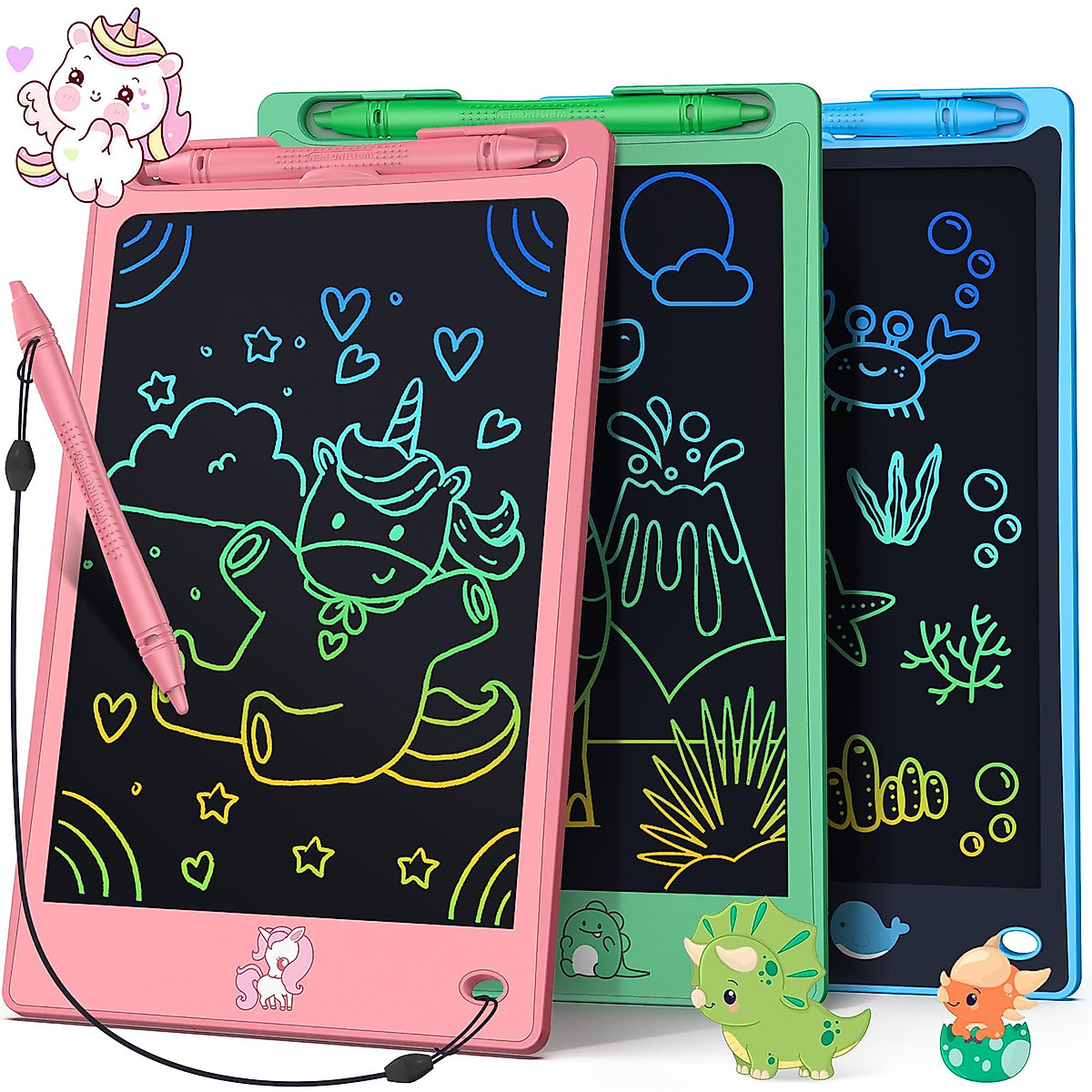 FLUESTON LCD Writing Tablet for Kids,Drawing Tablet for Boys Girls 3 4 5 6 7 8 Year,8.8 Inch 3pcs in 1 Pack Drawing Pad Toy Christmas Birthday Gifts for Toddler,Doodle Board Cute Dinosaur Unicorn
