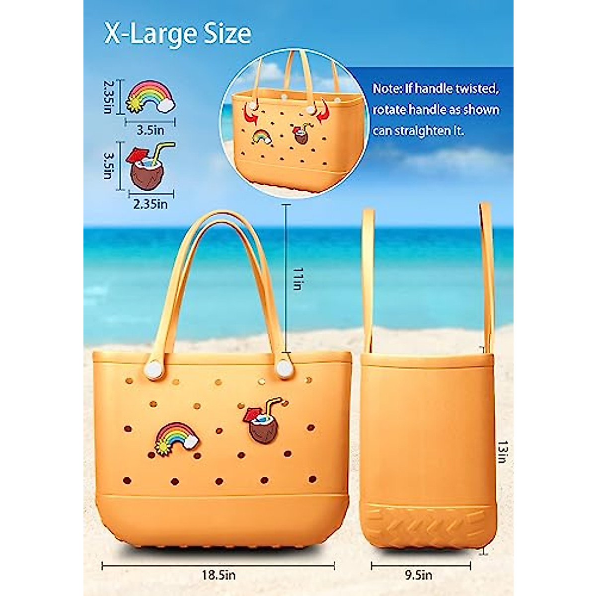 Qkstan Beach Bag Rubber Tote Bag Waterproof Travel Bags for Women Washable Tote Bag Handbag for Sports Beach Market Pool 15×5.25×13In(Yellow, Large)