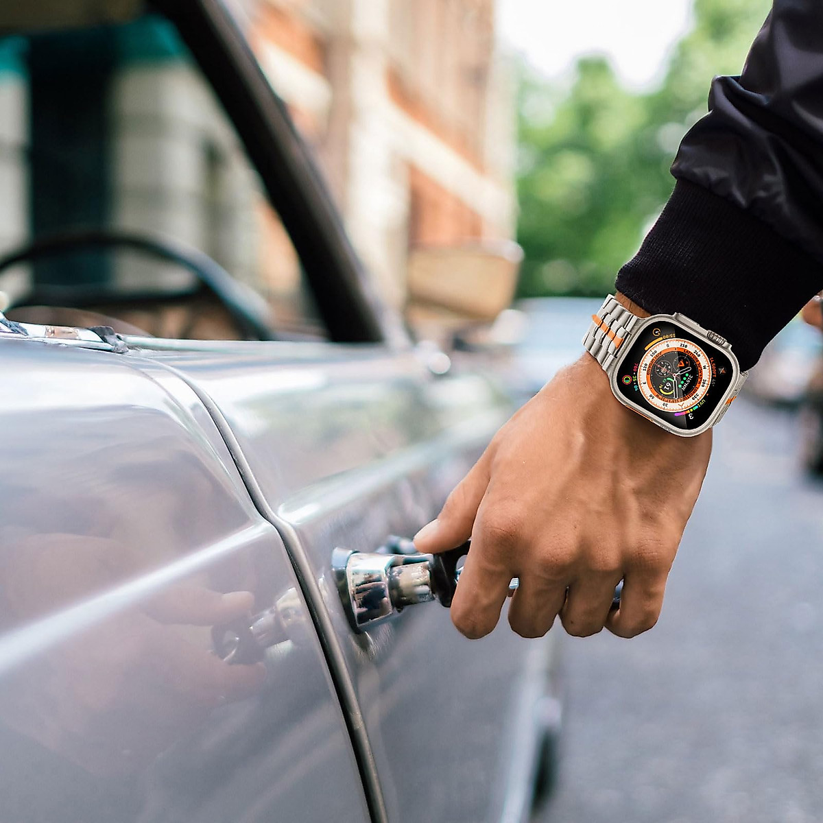 CHANCHY Stainless Steel Band for Apple Watch Ultra 2 Band 49mm 46mm 45mm 44mm, Metal Strap with Folding Clasp for Apple Watch Series 10 9 8 7 6 5 4 3 2 1 Ultra Ultra 2 for Men (49mm, Titanium/Orange)