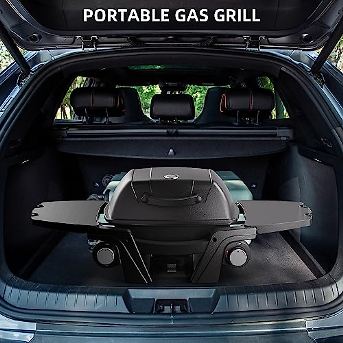 Portable Gas Grill, Portable Propane Grill, Propane Gas Grill, 24,000 BTU Outdoor Tabletop Small BBQ Grill with Two Burners, Removable Side Tables, Gas Hose and Regulator, Built in Thermometer, Black