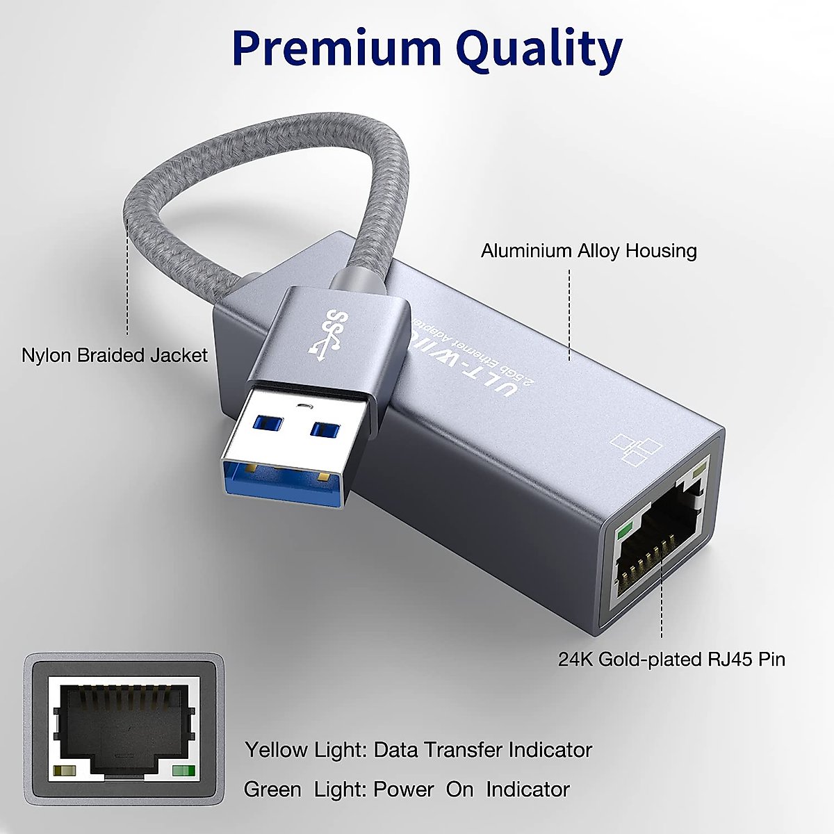 USB 2.5Gb Ethernet Adapter, ULT-WIIQ USB 3.0 to 2.5 Gigabit RJ45 LAN Network Adapter Cable, 10/100/1000/2500M Full Speed NIC for Mac OS, iOS, Windows, Linux, Dell XPS, Thinkpad X, Synology NAS, PC