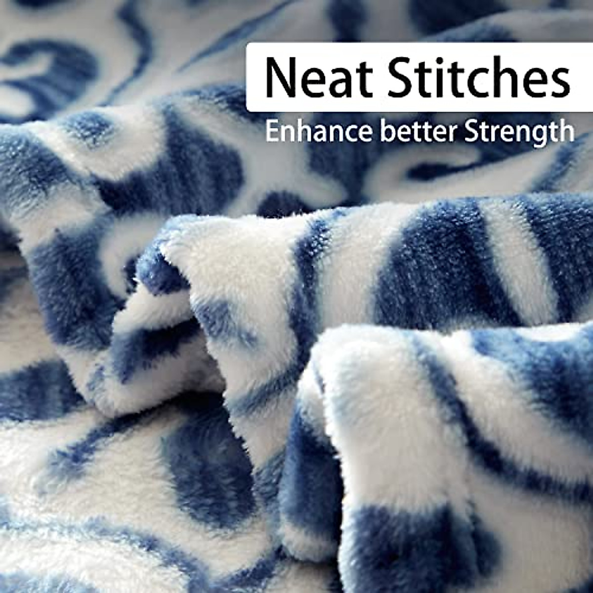 Geniospin Fleece Throw Blanket 50" x 60", 280GSM Navy Blue Throws, Cozy Bright Damask Pattern Lightweight Durable Blanket, Super Soft Plush Throw with Strip for Couch, Bed, Sofa, Warm and Breathable