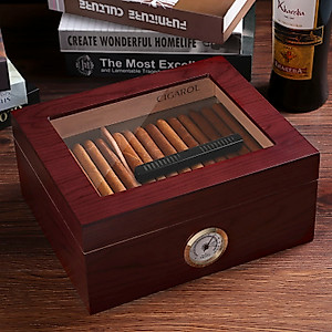 Somduy Cigar Humidor for 30-50 Cigars with Humidifier and Hygrometer,Desktop Cedar Wood Cigar Box Storage Case with Divider, Glass Top, Gift for Men,Reddish Brown