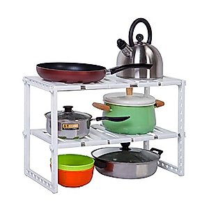 Edlike Under Sink Storage Organizer, 2-Tier Stainless Steel Sink Dish Drying Rack, Multi-use Kitchen/Bathroom Under Sink Shelf for Cabinet Organization, White.
