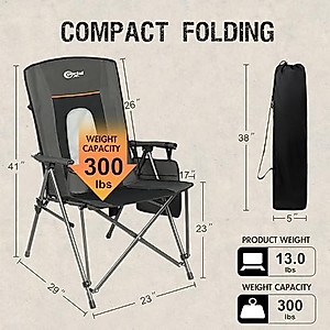 PORTAL Oversized Folding High Back Lawn Chairs Portable for Adults Outside Hard Armrest Cup Holder Carrying Strap for Camp Soccer Sports, Supports 400LBS, Black