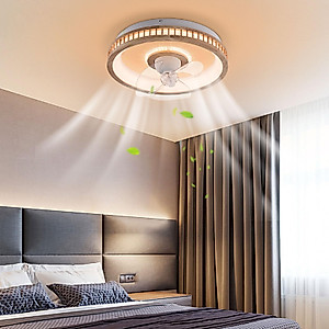 ONEPOINTPOINT Ceiling Fan with Lights 20 Inch Low Profile Flush Mount Round Wood Ceiling Light with Fan 3 Invisible Blades Remote 3 Color Dimming 6 Wind speeds for Bedroom Living Room Log Color