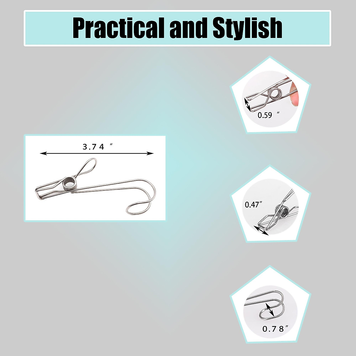 24Pcs Stainless Steel Metal Long Tail Clip with Hooks，Clips for Hanging- Ideal for Closet, Kitchen, Bathroom - Hang Photos, Cards, Stockings - Rust-304 Stainless Steel Clothes Pins