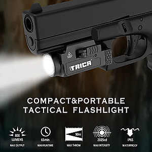 trica 800 Lumen Mini Pistol Light LED Compact Strobe Tactical Gun Flashlight, USB Rechargeable Rail-Mounte Weapon Light for Pistol Quick Release Light with 1913 or GL Rail, Built-in Battery (Black)