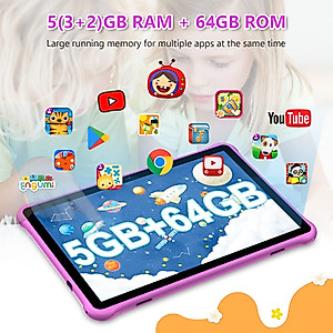 Blackview Kids Tablet Android 12 Tablet Tab A7 Kids 10.1 inch Tablets 64GB ROM 1TB Expand 6580mAh Tablet Toddler Tablet Bluetooth IPS HD+ Display Parental Control Educational Games Pink
