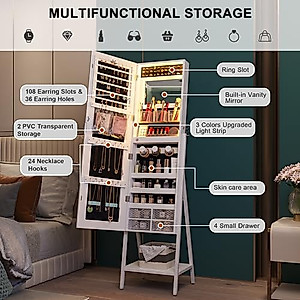 HNEBC Jewelry Cabinet Armoire with Lights,Lockable Jewelry Organizer Standing 47.2''Full-Length MirrorJewelry Boxes for Women Mirror with Jewelry Storage,Built-in LED Makeup Mirror/Drawer(White)