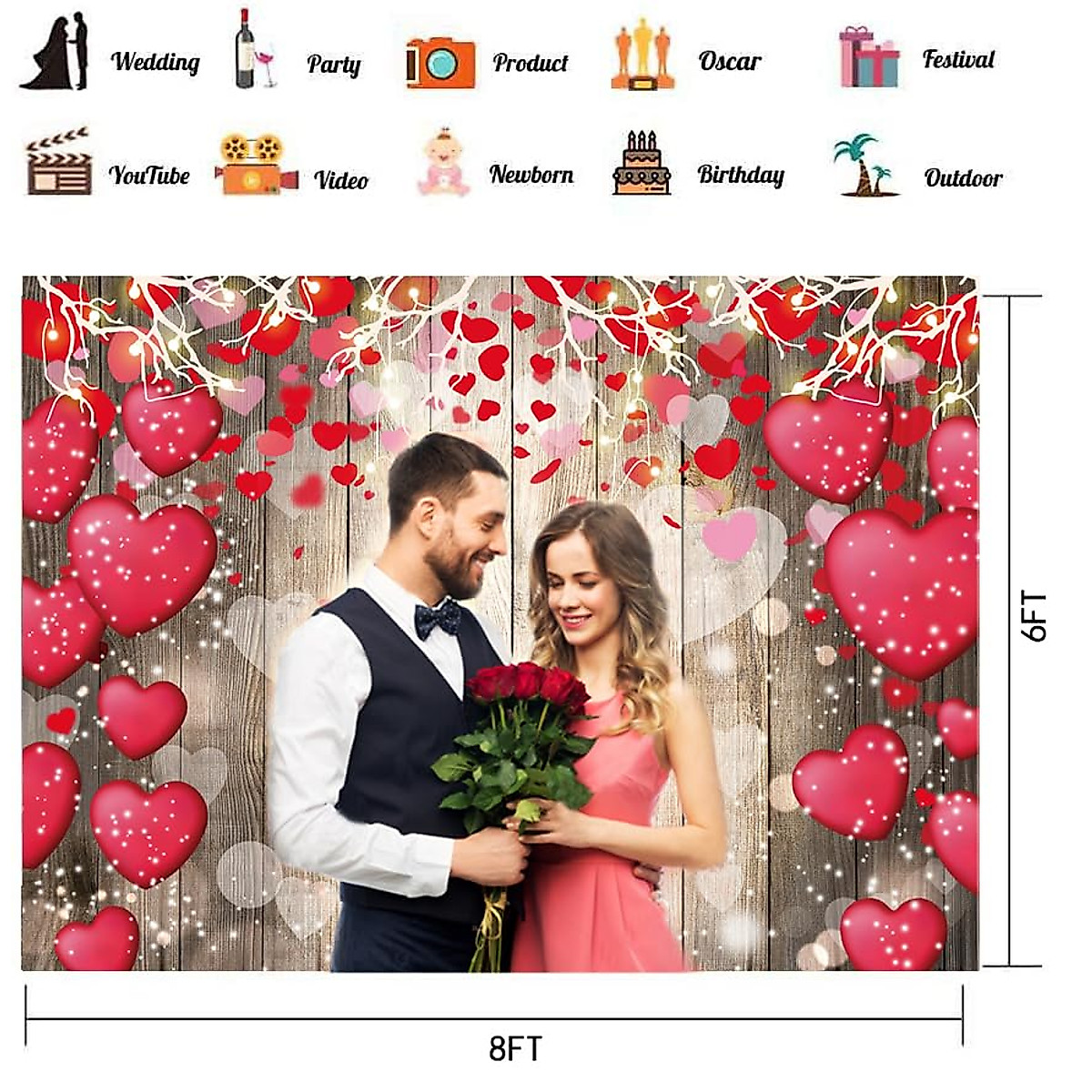 CHAIYA 8x6ft Mother's Day Backdrop Rustic Wood Red Love Heart Backdrop Mother's Day Backdrops for Photography Bridal Baby Shower Decoration Banner