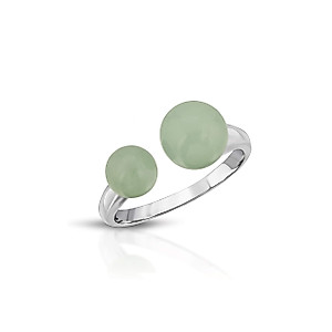 Regalia by Ulti Ramos .925 Sterling Silver Genuine Gemstone Double Bead Flexible Ring (Green Jade, White Plated)