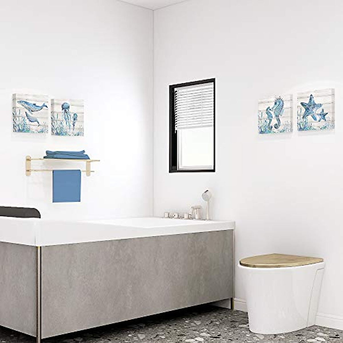 SUMGAR Ocean Wall Art Bathroom Rustic Decor Beach Coastal Canvas Paintings Farmhouse Navy Blue Pictures Seahorse Starfish Nautical Artwork Set of 4 Marine Life Theme Bedroom Decorations 12x12 inch