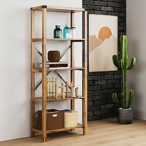 Landia Home Etagere Bookcase with 5 Tier Storage, Metal Plated Top Edges, Industrial Design, Brown