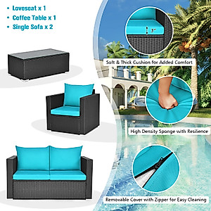 Tangkula 4 Piece Patio Rattan Conversation Furniture Set, Outdoor Wicker Sofa Set with Padded Cushion & Tempered Glass Coffee Table, Wicker Sectional Sofas and Table for Courtyard (1, Turquoise)