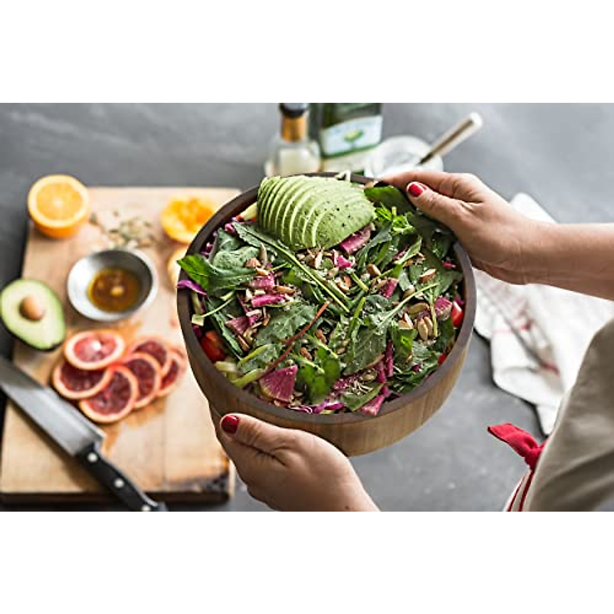 Miusco Natural Acacia Wooden Large Salad Serving Bowl with Tongs Set, 12 Inch, 200 Oz./6.25 Quarts, Spoons Included, Premium Handcrafted Wood Bowl and Utensils Set, Great Holiday Gift