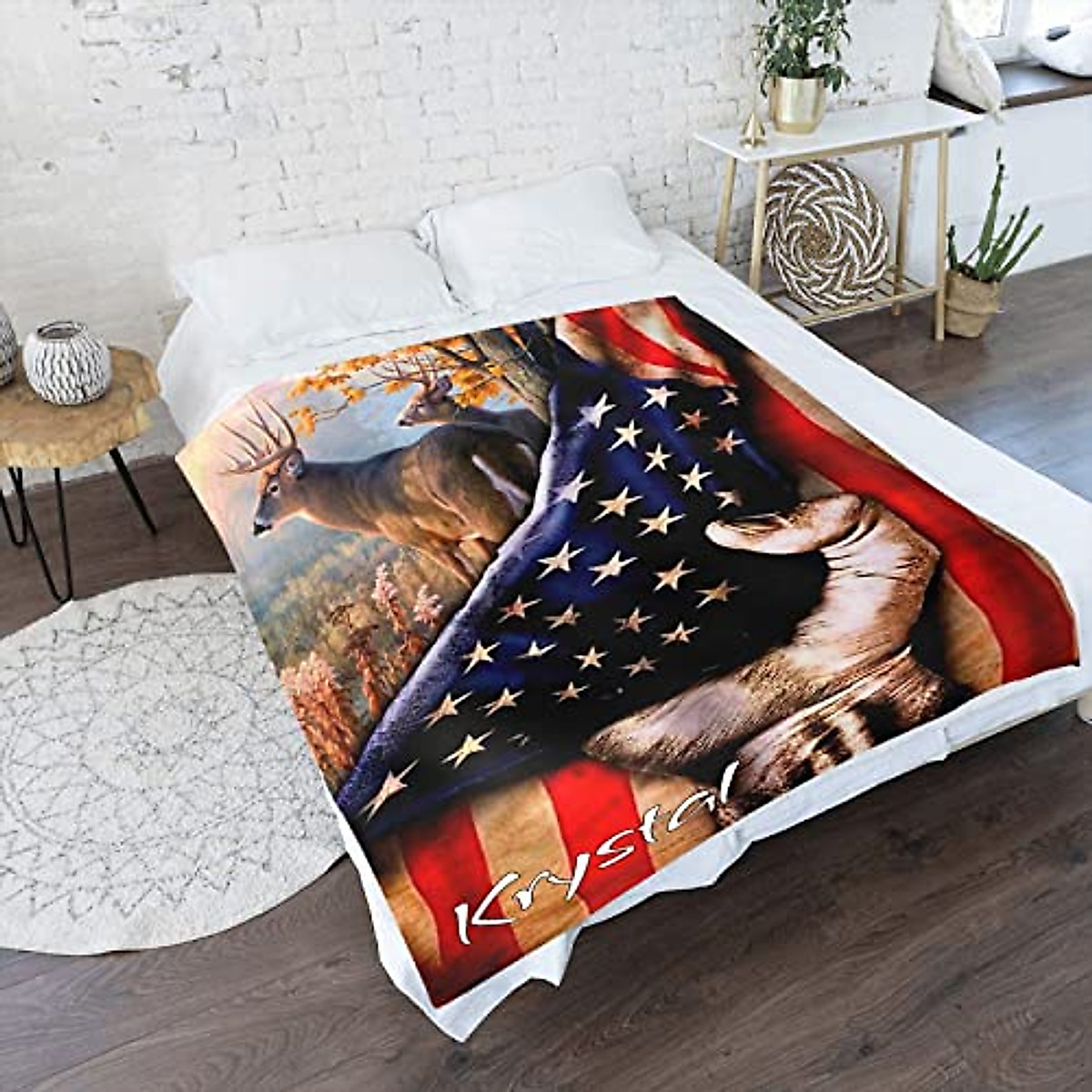 XOZOTY Personalized American Flag Deer Hunter Maple Leaf Baby Blanket with Name Text Custom Newborns Infants Swaddling Blankets for Boys &Girls Shower Birthday Gift 30 X 40 inches