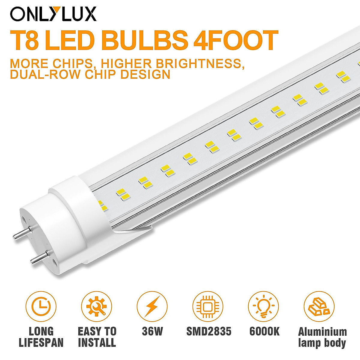 ONLYLUX T8 Bulbs 4 Foot 6500K Daylight, 5000Lumens, 36W, 4ft Led Bulbs Ballast Bypass Type B Dual-End Powered, 4ft Led Tubes Replacement F32T8 F32T12 Fluorescent Tube, 50 Pack
