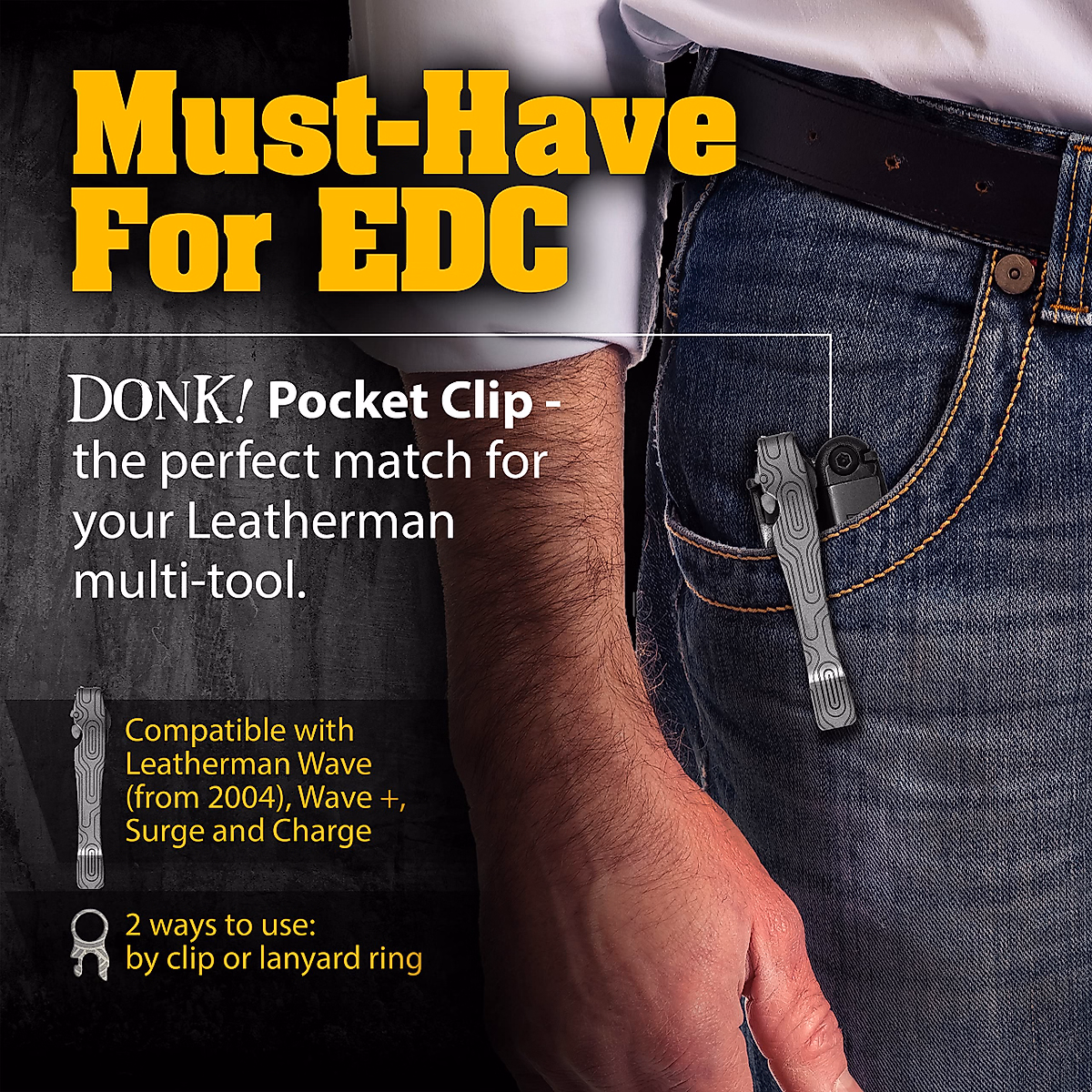 Donk! Pocket Clip for Leatherman Wave, Wave Plus+, Surge & Charge AL, ALX, Ti, XTi - Titanium TC4 - Custom Designs - Quick Release - Extra Carry Options 'Norwegian Wood’