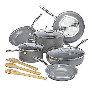 Goodful Ceramic Nonstick Pots and Pans Set, Titanium-Reinforced Premium Nonstick Coating, Dishwasher Safe Pots and Pans, Tempered Glass Steam Vented Lids, Stainless Steel Handles, 12-Piece, Gray