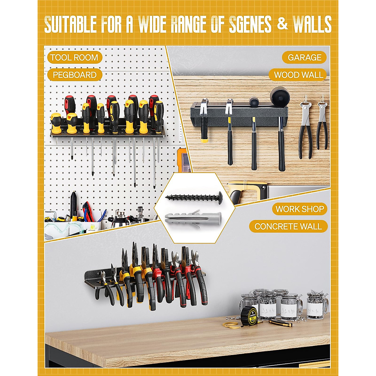 FHXZH Wall Mount Screwdriver Organizer, Pliers Holder, Hammer Rack, 3PCS Alloy Steel Hand Tool Storage Organizer for Garage Workshop