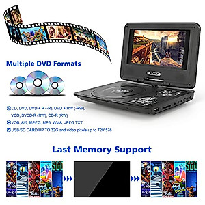 SQQBZZ 7" Portable DVD Player for Kids and Car, Support DVD/VCD/SD Card/USB, Remote Control, Car Charger, Power Adaptor (Black)