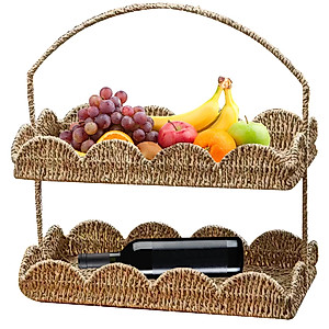 Seagrass Baskets 2 Layers Scalloped Basket Tray with Handle Rustic Decorative Woven Basket with Scalloped Edge Coffee Table Basket Organizer for Home Bedroom Living Room Organizing 15.6x7.9x9.8 Inch