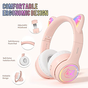 Cat Ear Headphones for Children IFECCO Cute Bluetooth Wireless Headset On-Ear with Led Light Up for Kids Girls Boys School Travel (Pink)