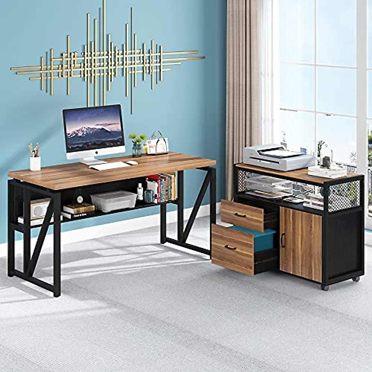 Tribesigns L Shaped Desk with Drawer Cabinet, 55" Executive Computer Desk and lateral File Cabinet, 2 Piece Home Office Furniture with Drawers for Hanging File, Doors with Locks (Dark Walnut+Black)
