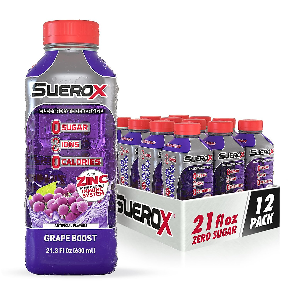 SueroX Zero Sugar Electrolyte Drink for Hydration and Recovery, Unique Blend of Electrolytes & 8 Ions, Zero Calorie Sports Drink, 21.3 Fl Oz, Grape Boost, 12 Count