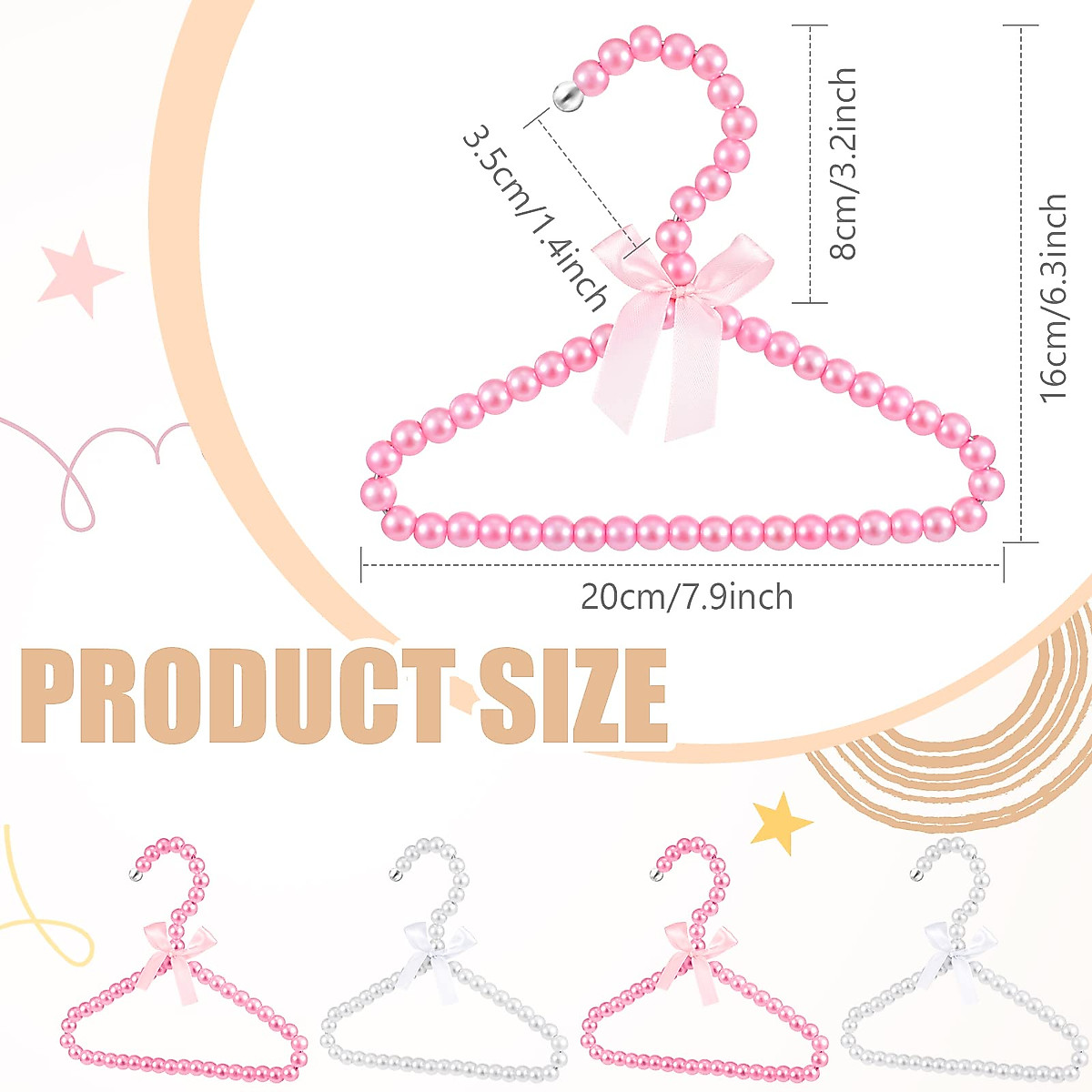 Wesiti 10 Pcs Small Pearl Hanger Mini Pearl Clothes Hangers Small Pearl Clothes Beads Hangers Metal Elegant Hangers with Ribbon for Women Dog Cat (Pink,White)