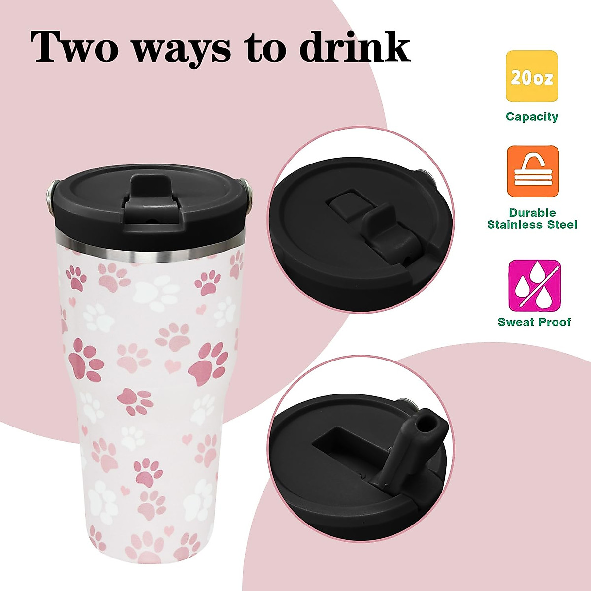 Dog Tumbler Cups 20oz Travel Mug Dog Mom Gifts Paw Print Tumbler with with Flip Straw and Top Handle Dog Gifts for Dog Lovers Women Travel Cups Mugs