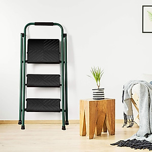 Delxo Non-Slip 3 Step Stool Folding Sturdy Steel Wide Step Ladder with Hand Grip and Locking Mechanism for Indoor Household Kitchens, Green/Black