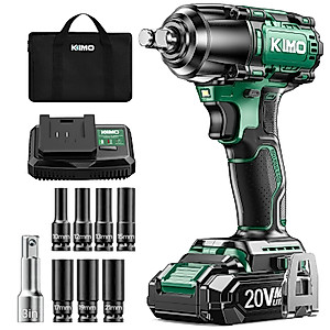 KIMO Cordless Impact Wrench 1/2", Brushless Impact Driver with 400 ft-lb Max Torque, 3000 RPM, 20V Electric Impact Wrench with 1 Hour Fast Charger & Variable Speeds, 1/2 Impact Gun for Car Home