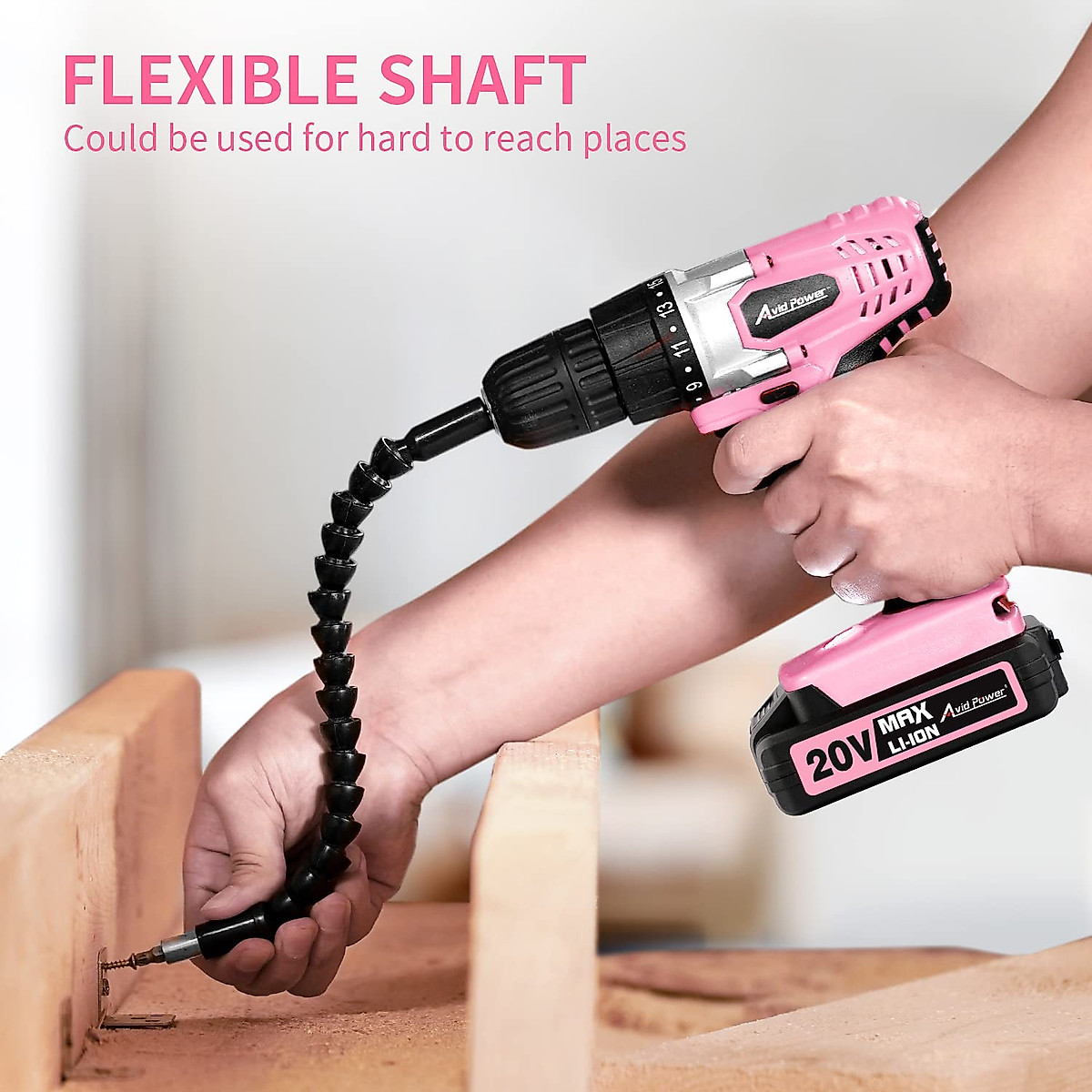 AVID POWER 20V MAX Lithium lon Cordless Drill Set, Power Drill Kit with Battery and Charger, 3/8-Inch Keyless Chuck, Variable Speed, 16 Position and 22pcs Drill Bits (Pink)