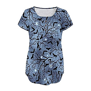 Womens Halloween Tunic Tops for Leggings Short Sleeve Botton Up Blouses Ruched Printed Clothes Casual Fashion T Shirts blue XX-Large