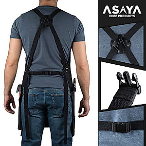 Asaya Chef, BBQ and Work Apron with Bottle Opener and Hand Towel - Durable 10oz Cotton Canvas, Brass Hardware and Cross Back Straps - For Men, Women, Grilling, and Cooking (Black)
