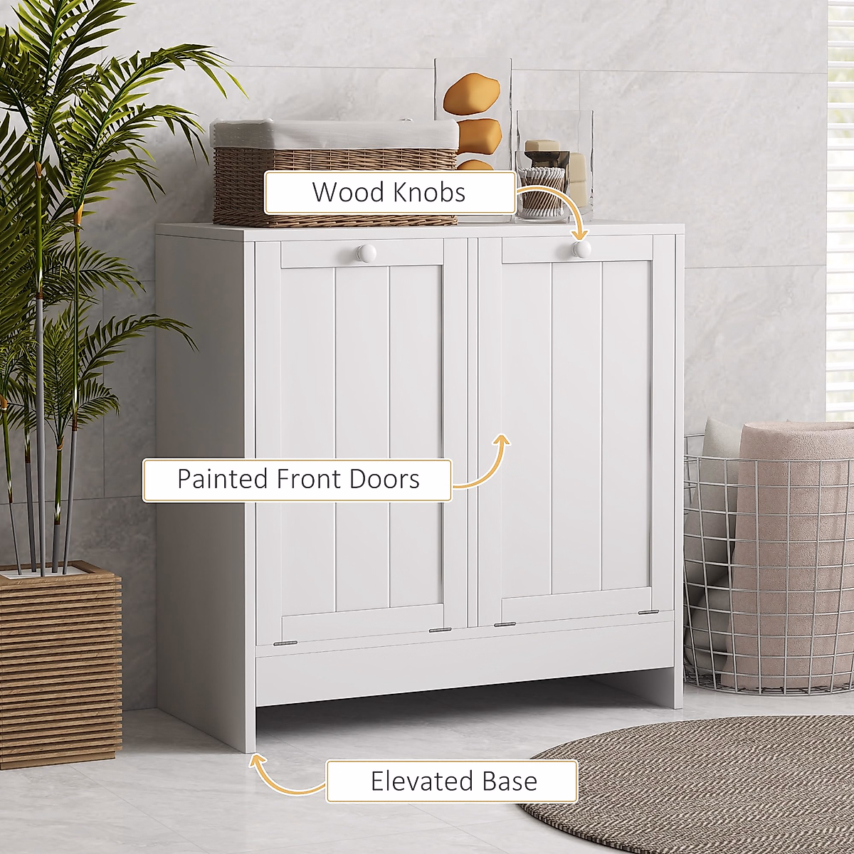 kleankin Tilt-Out 2-Compartment Laundry Hamper, Modern Clothing Storage Basket, Hamper Cabinet for Bathroom, Laundry Room, White