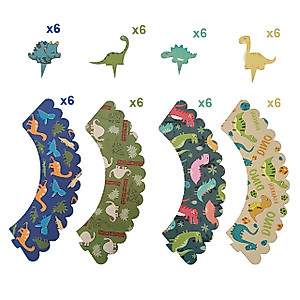 48Pcs Dinosaur Cupcake Toppers and Wrappers, Reversible Cupcake Liners with Dinosaur Picks - Cute Mini Cake Decorations for Baby Shower, Birthday Party - Jurassic World Theme Dino Party Supplies Decor
