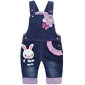 KIDSCOOL SPACE Baby Girl Jean Overalls,Toddler Denim Cute 3D Bunny Outfit,Blue,18-24 Months