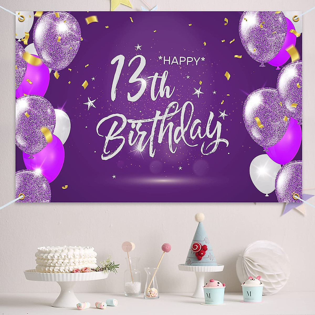 HAMIGAR 6x4ft Happy 13th Birthday Banner Backdrop - 13 Years Old Birthday Decorations Party Supplies for Girls - Purple