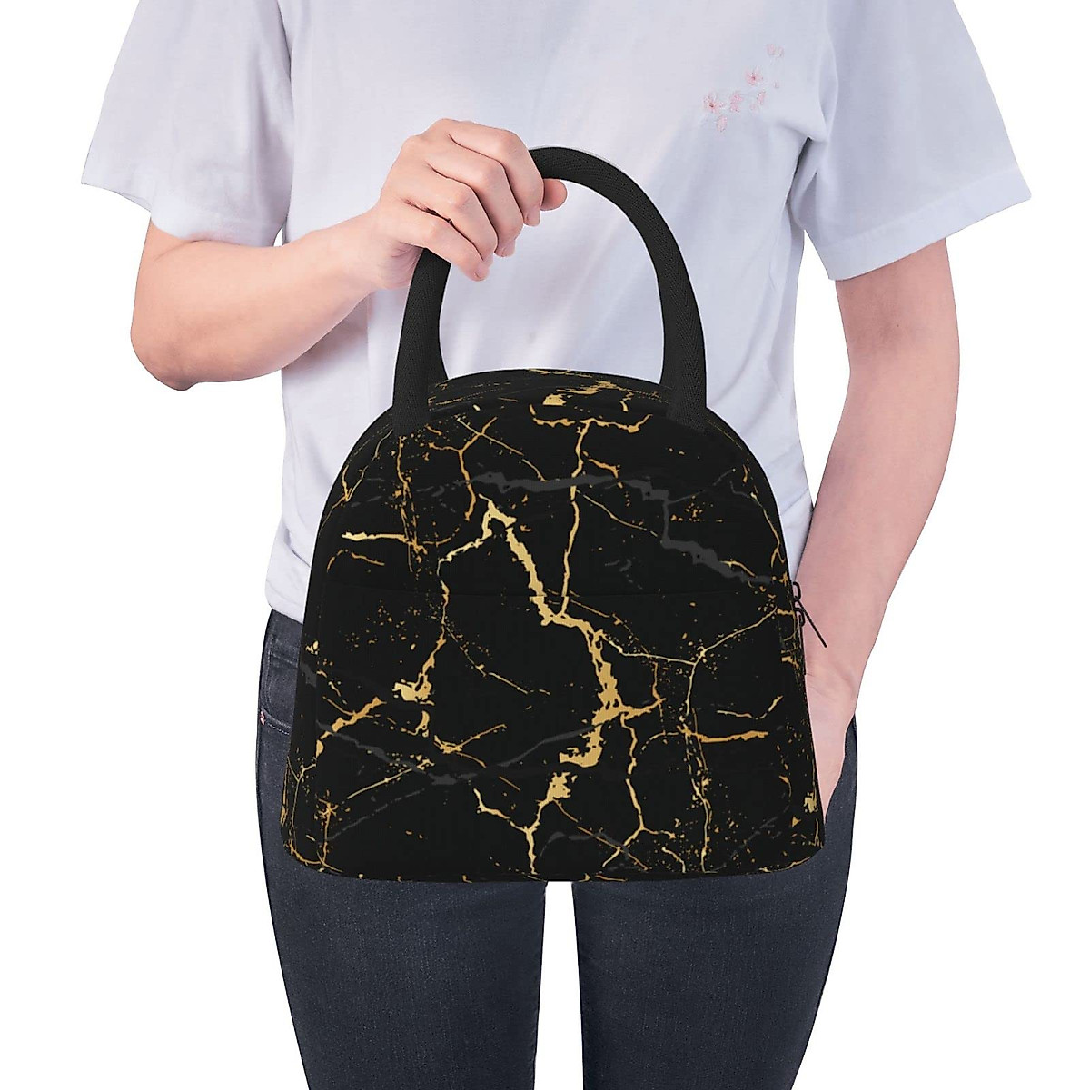 Fiokroo Lunch Bag Insulated Black Marble Texture Lunch Box Marbling Reusable Lunch Tote Bag For School Work College Outdoor Travel Picnic, 10l