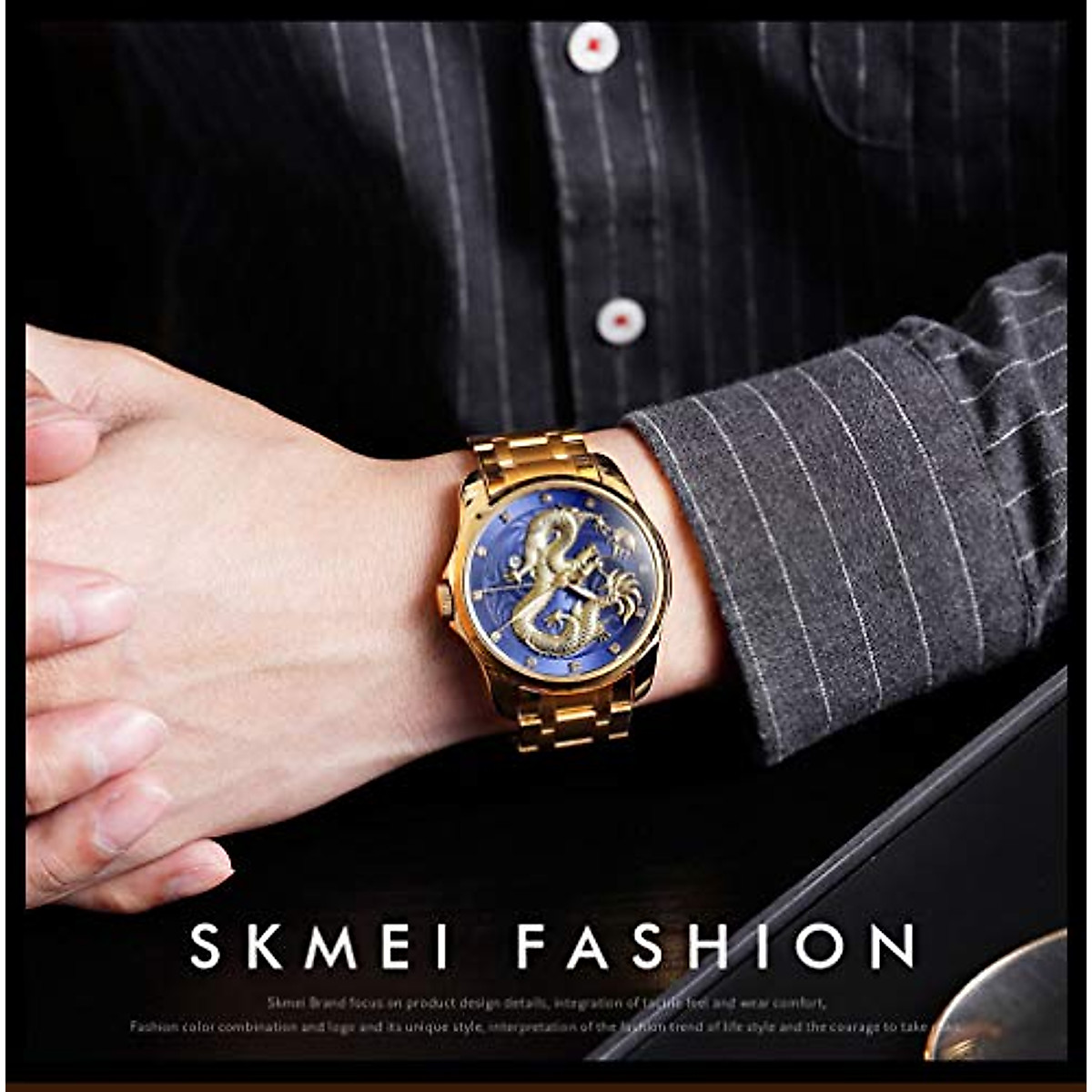 Men Boy Luxury Gold Chinese Dragon Carved Dial Diamond Quartz Watch Casual Waterproof Sport Stainless Steel Wristwatch (Gold Blue)