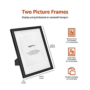 Amazon Basics 11" x 14" Rectangular Photo Picture Frame, (8" x 10" With Mat), 2-Pack, Black, 15.2 Inch L x 12.2 Inch W